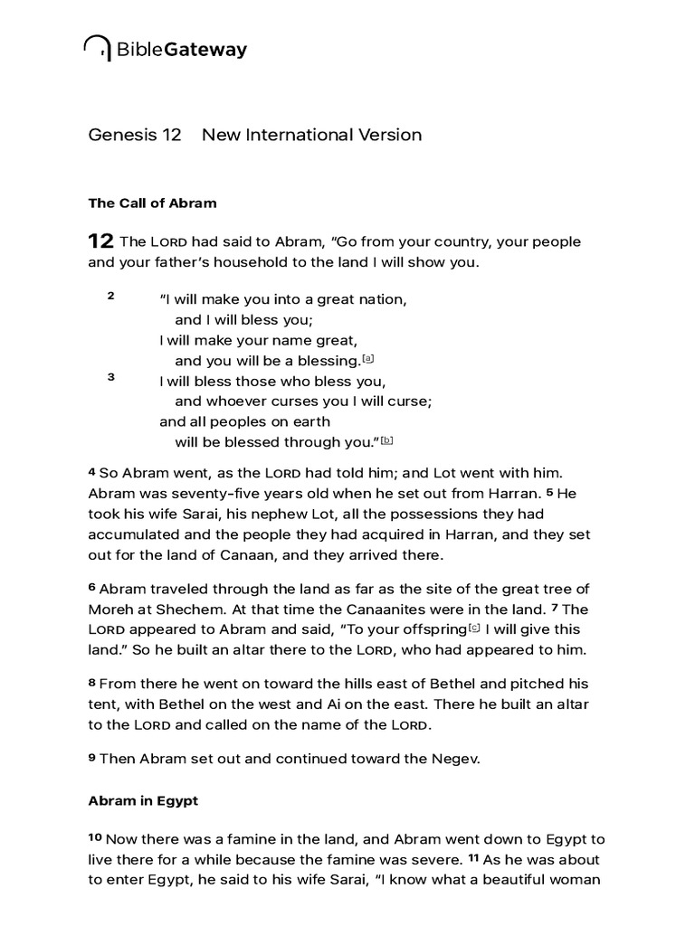 Genesis 12 NIV - The Call of Abram - The LORD Had Said - Bible Gateway ...