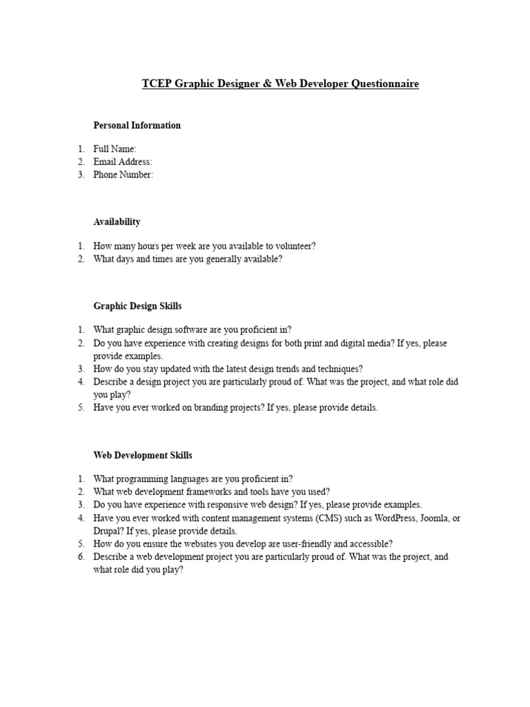 TCEP Graphic Designer & Web Developer Questionnaire | PDF