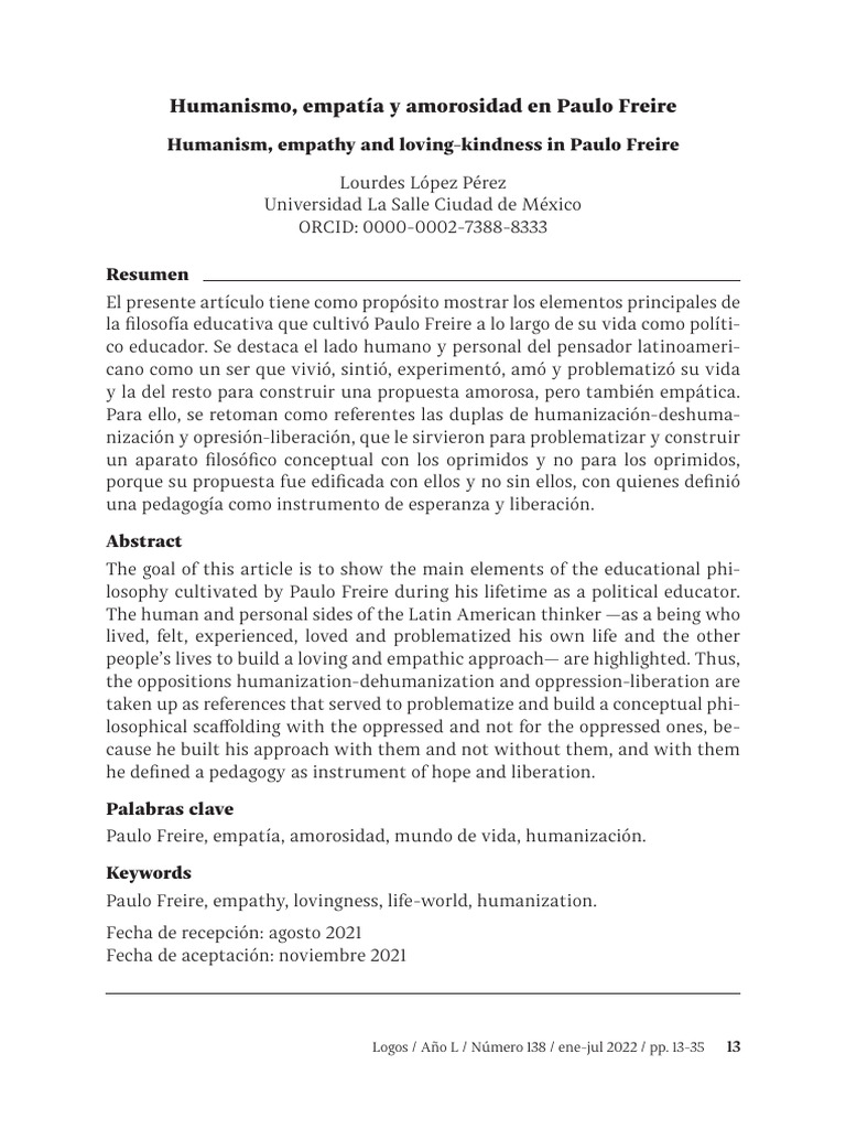 Humanismo, Empatía y Amorosidad en Paulo Freire | PDF | Amor | Aprendizaje