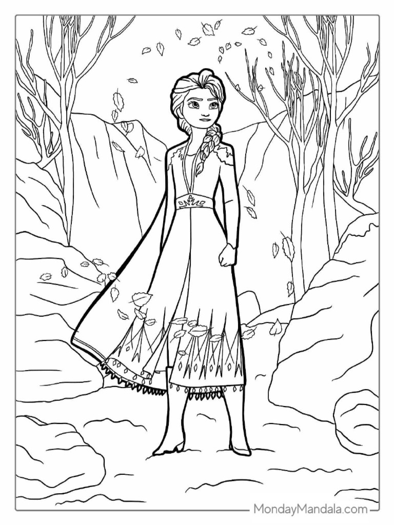 Elsa Standing in Canyon With Swirling Leaves to Color | PDF