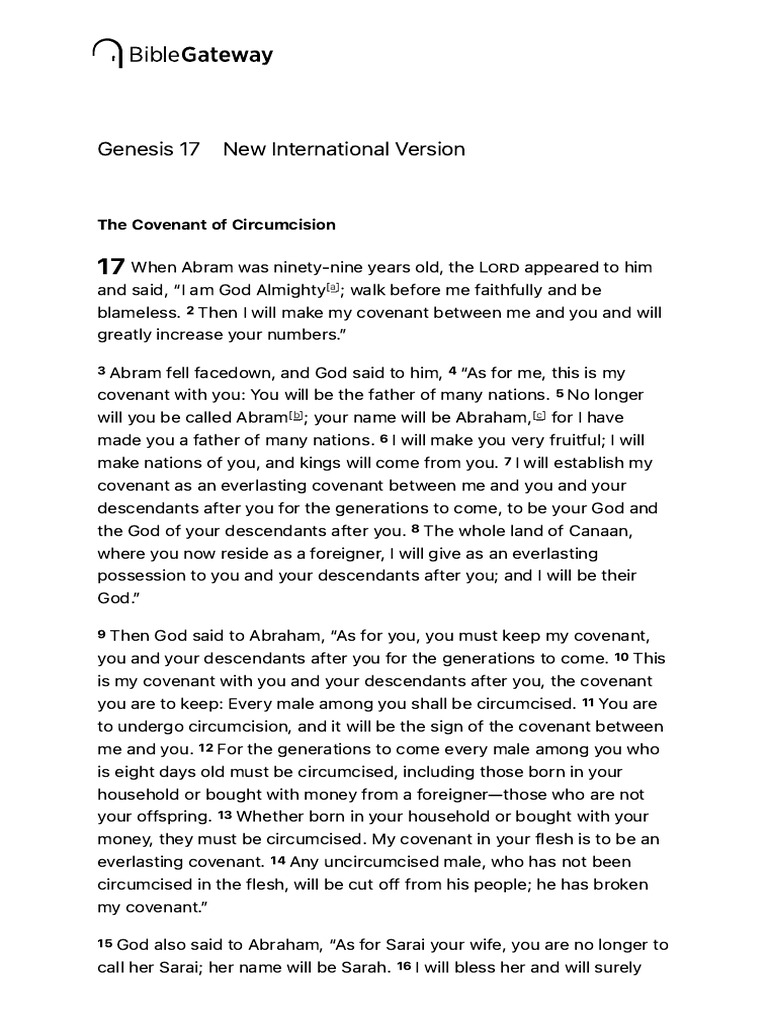 Genesis 17 NIV - The Covenant of Circumcision - When - Bible Gateway ...