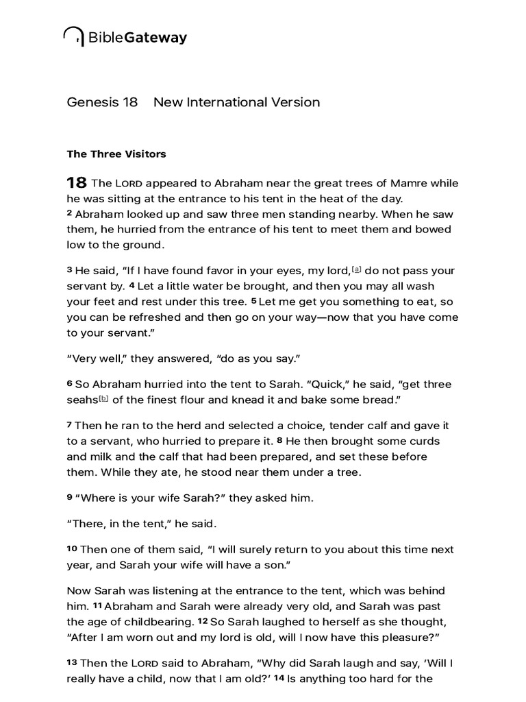 Genesis 18 NIV - The Three Visitors - The LORD Appeared - Bible Gateway ...