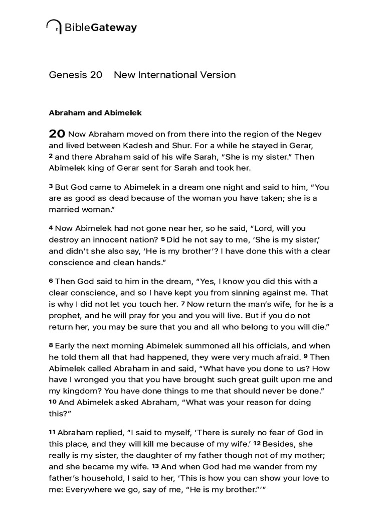 Genesis 20 NIV - Abraham and Abimelek - Now Abraham - Bible Gateway | PDF | Abraham | Sarah