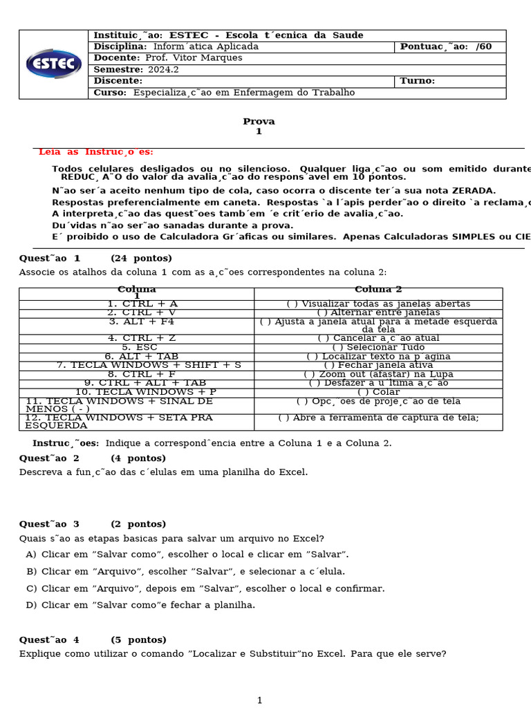 Prova Informática Aplicada 2024 2 Esp Seg Trab | PDF | Botão Ctrl | Microsoft Excel