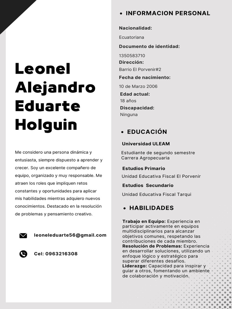 Hoja de Vida Leonel Alejandro Eduarte Holguin | PDF | Cognición | Aprendizaje