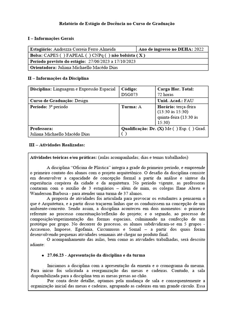 Relatorio de Estagio de Docencia Andrezza Correia Assinado | PDF | Pré ...