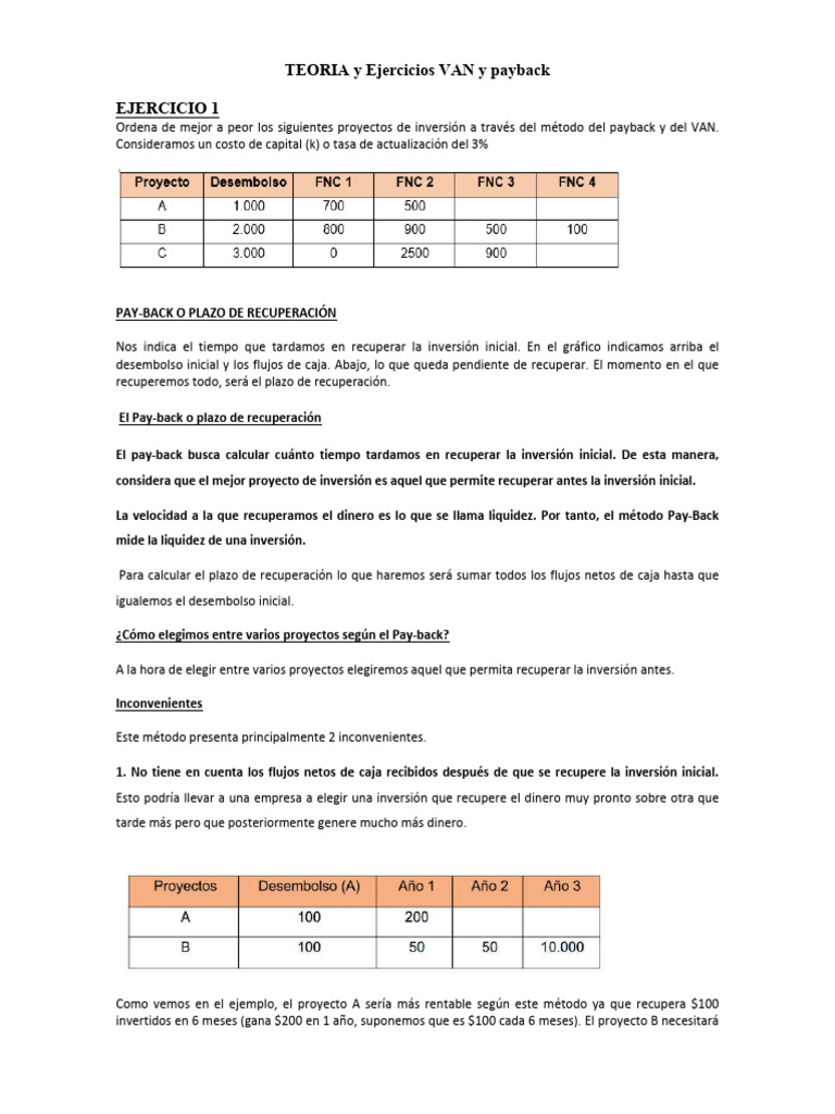 Análisis de Proyectos: VAN y Payback | PDF | Tasa interna de retorno | Interés