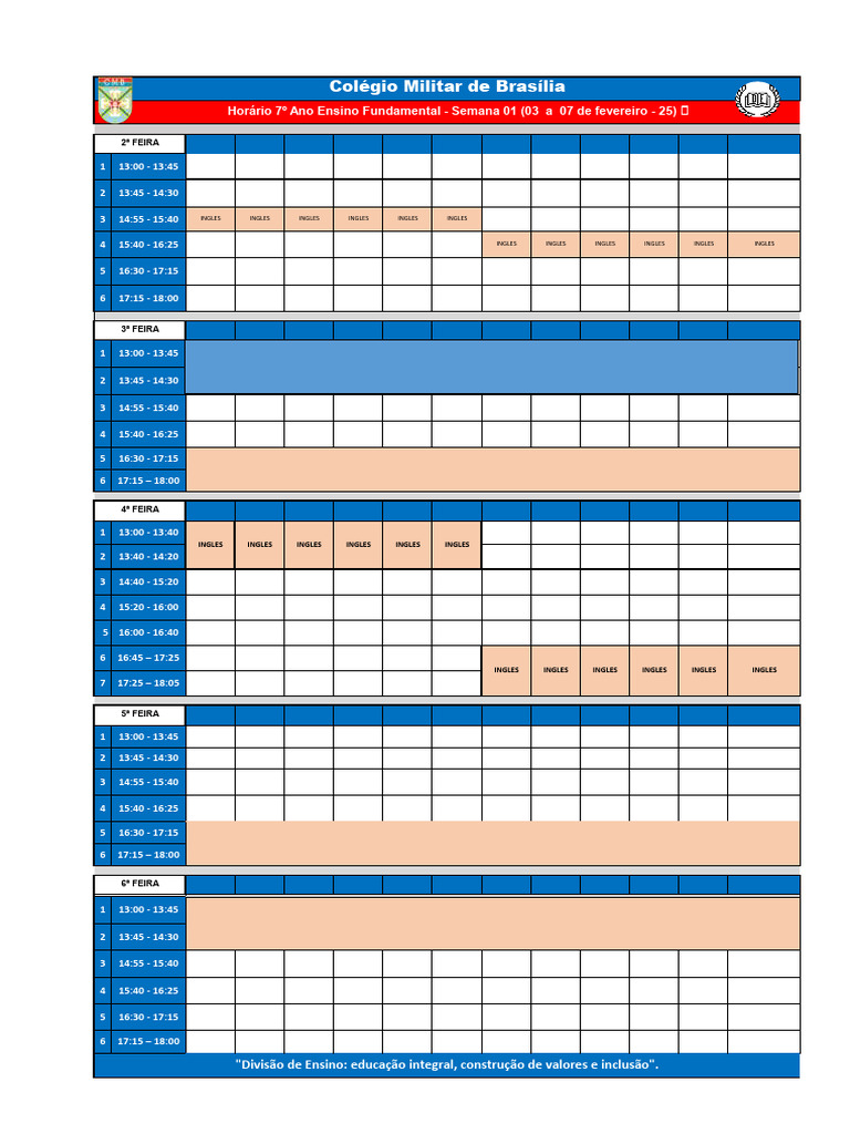 7th Grade Weekly Class Schedule | PDF