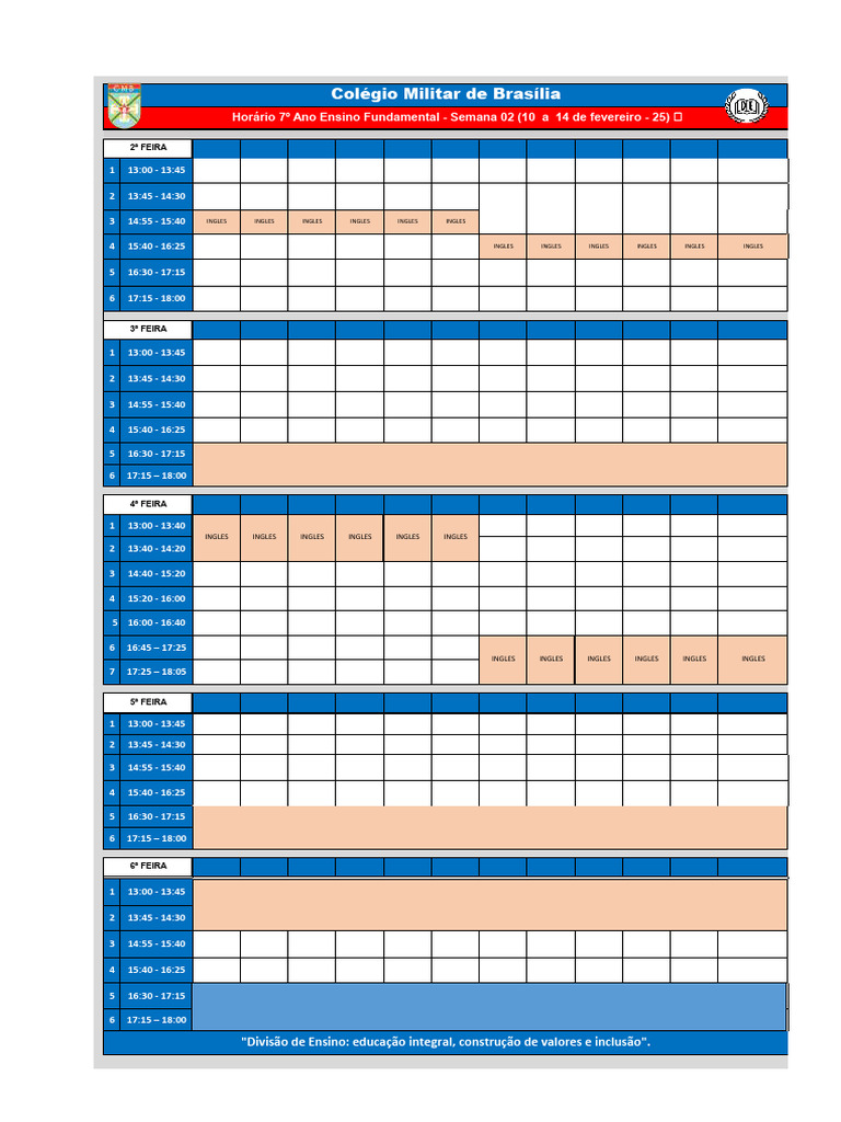 7th Grade Weekly Class Schedule | PDF
