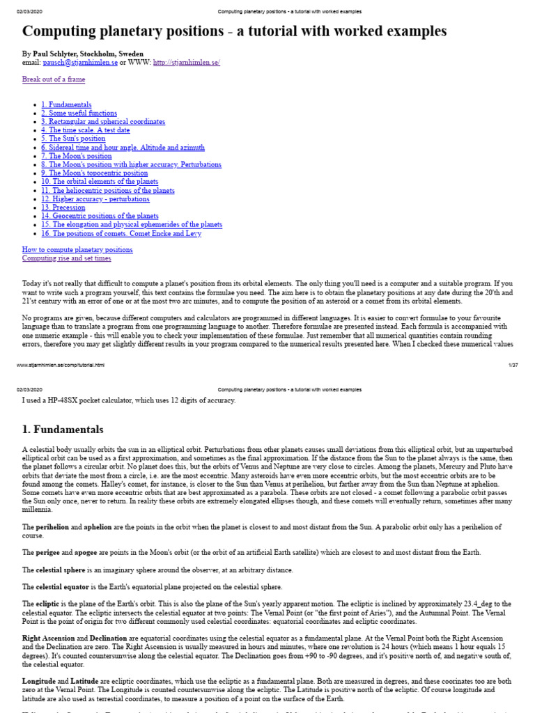 Computing Planetary Positions - A Tutorial With Worked Examples | PDF ...