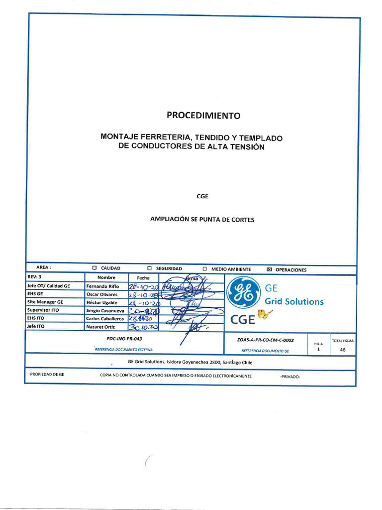 PDC-ING-PR-043_Rev_3_Montaje ferreteria y Tendido AT_FIRMAS | PDF | Conductor electrico ...