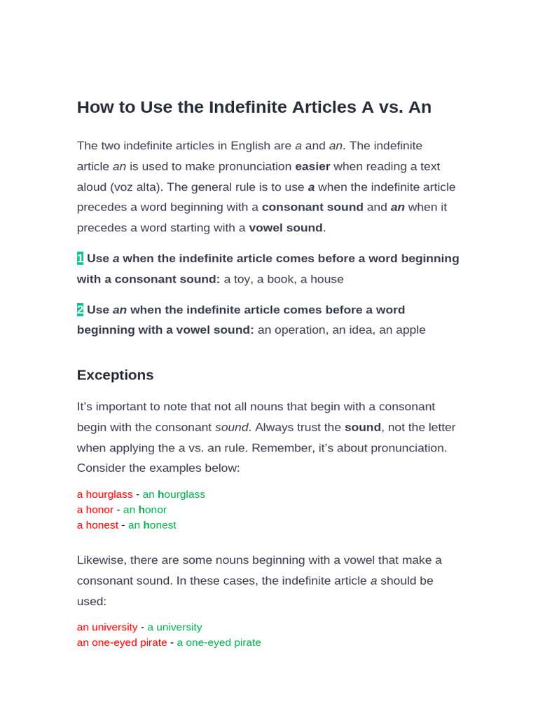How To Use The Indefinite Articles A Vs | PDF