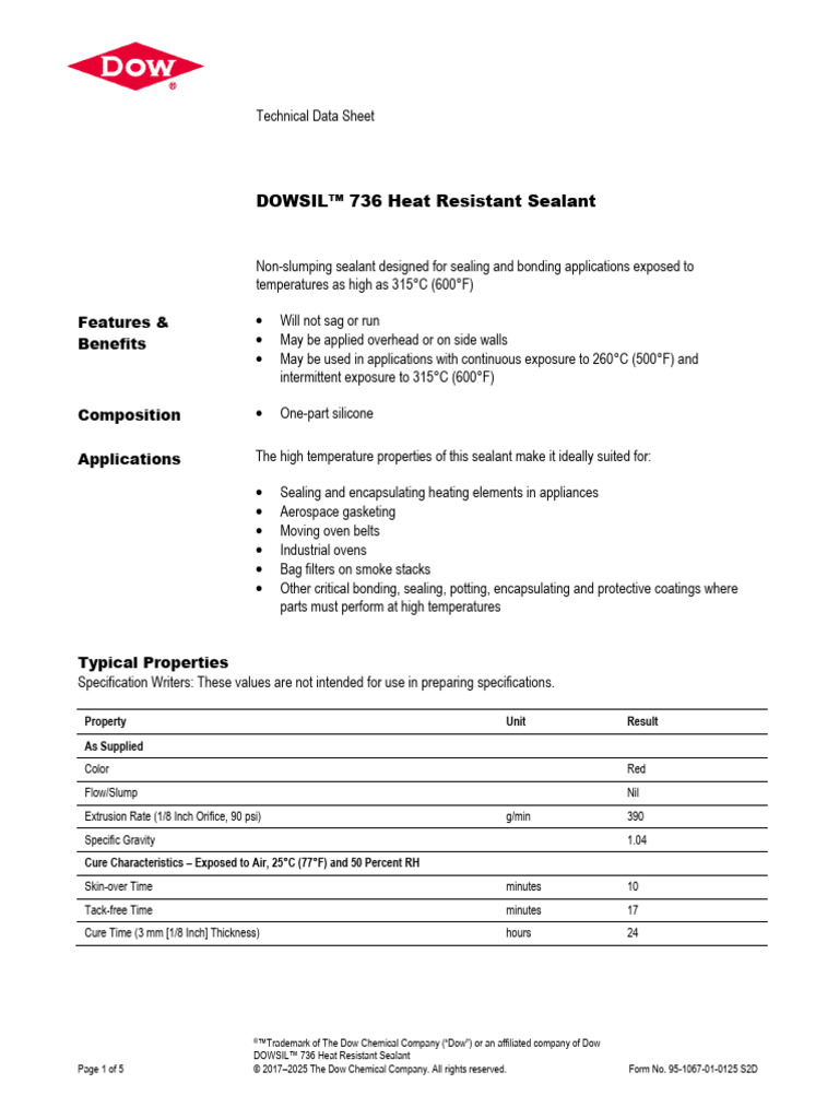 95 1067 01 Dowsil 736 Heat Resistant Seal | PDF | Silicone | Dow ...