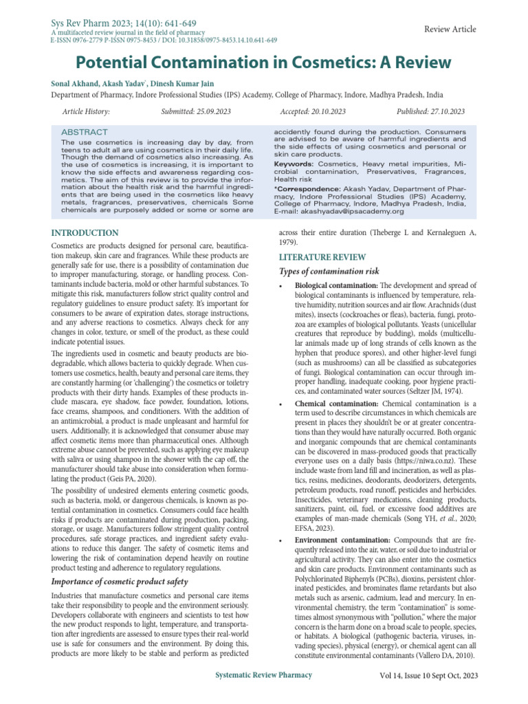 Potential Contamination in Cosmetics a Review | PDF | Cosmetics | Perfume