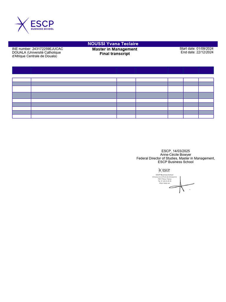 Transcript of Records - Yvana Teclaire NOUSSI | PDF | Educational ...