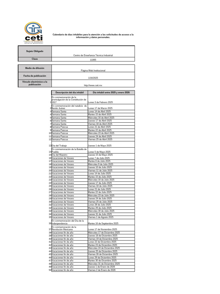 Formato Dias Inhabiles 2025 y Enero 2026 CETI | PDF | Pascua de Resurrección