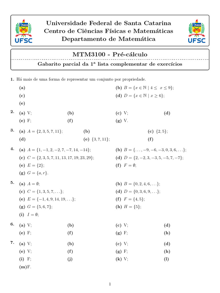 2 Lista de Exercícios 1 - Complementar - Gabarito Parcial | PDF