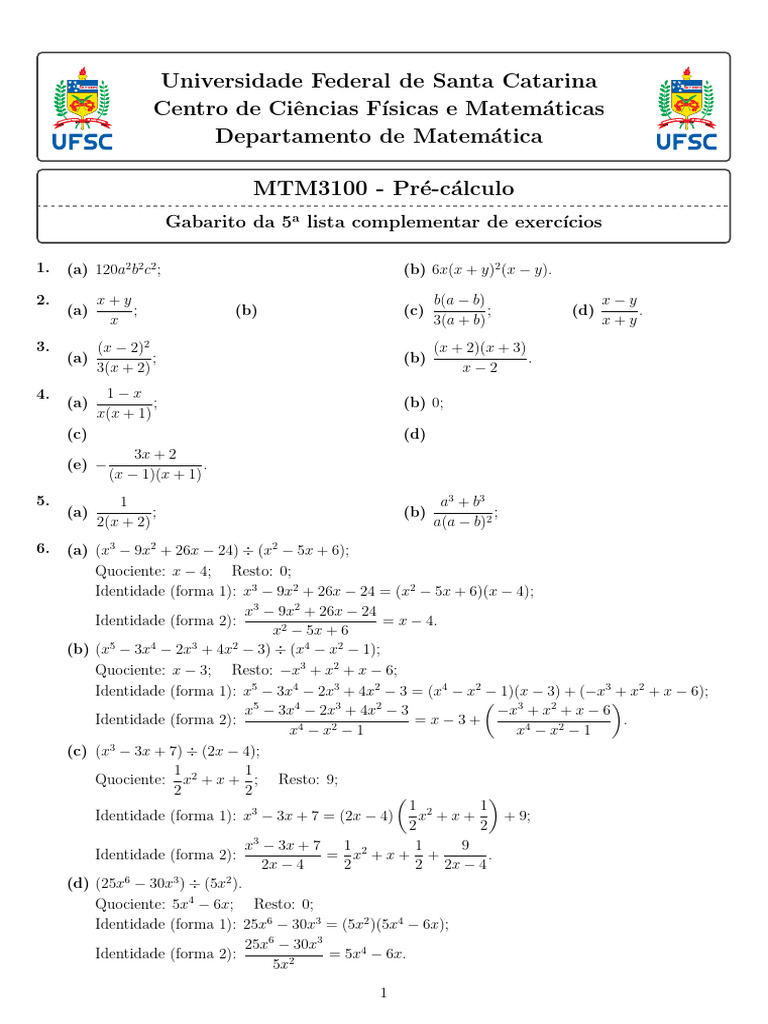 6lista de Exercícios 5 - Complementar - Gabarito Parcial | PDF
