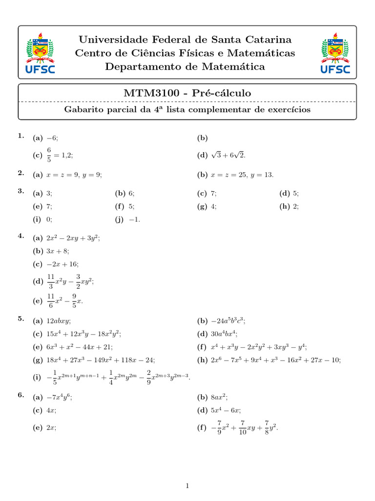 5lista de Exercícios 4 - Complementar - Gabarito Parcial | PDF