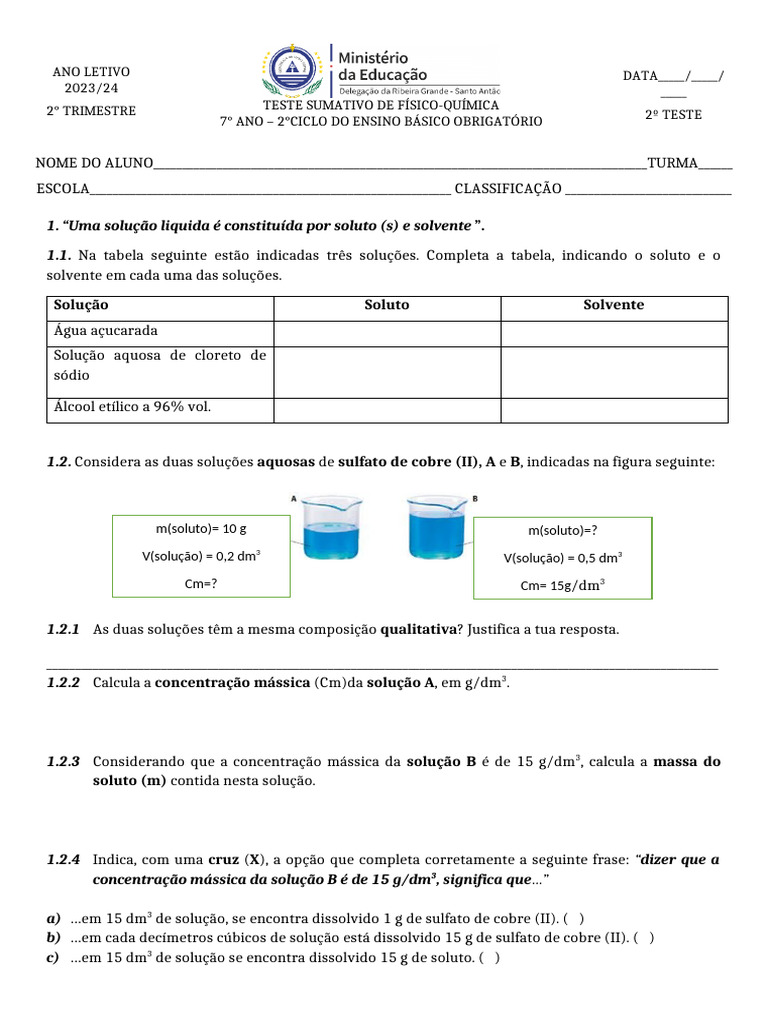 Teste de Físico-Química 7º Ano 2º Trimestre | PDF | Concentração | Mistura