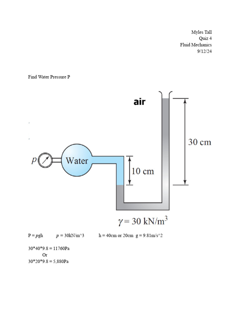 Water Pressure Calculation in Fluids | PDF