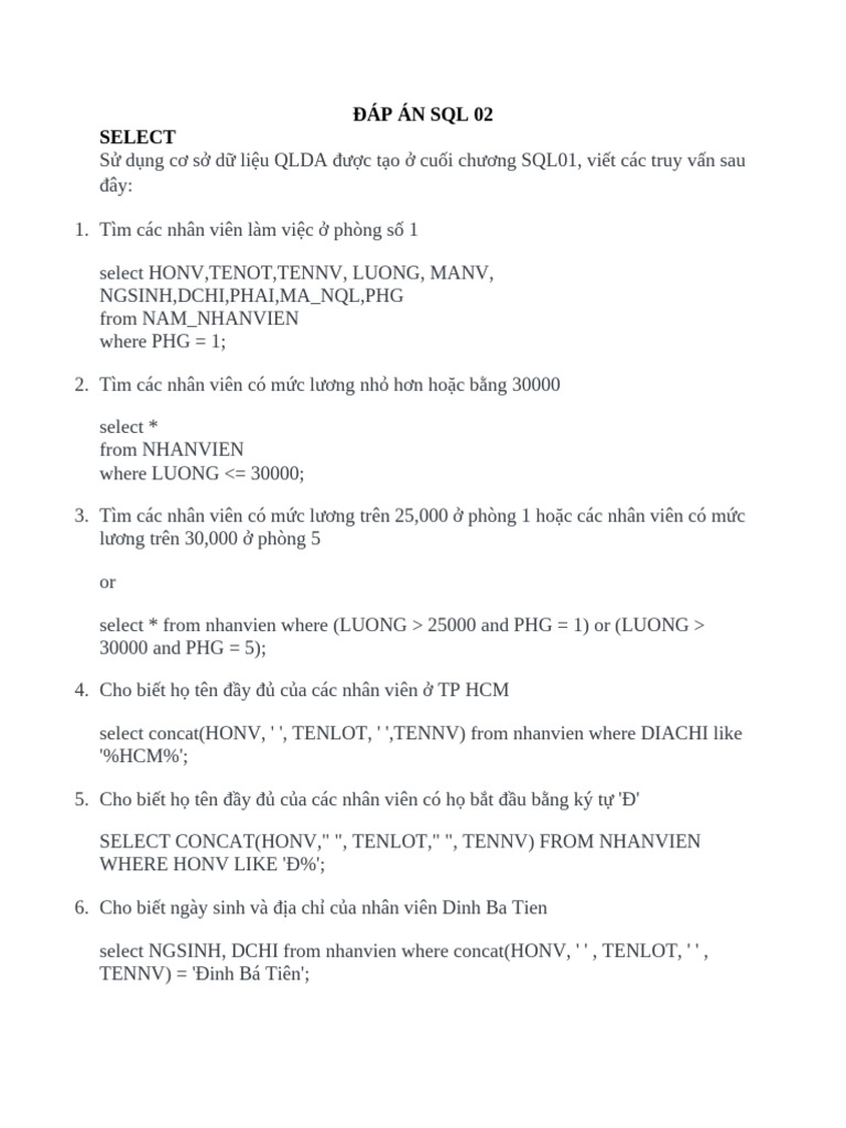 Đáp Án Bài Tập SQL- 02 | PDF