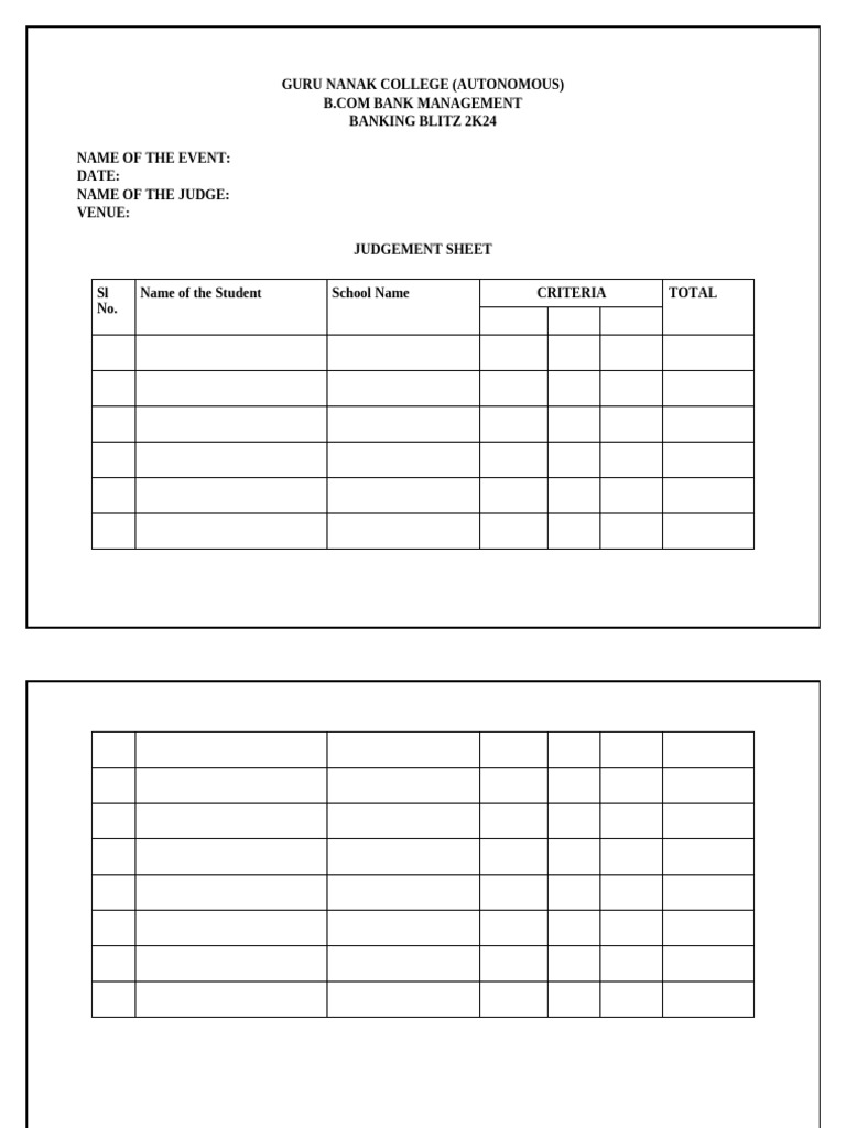 Banking Blitz 2K24 Judgement Sheet | PDF