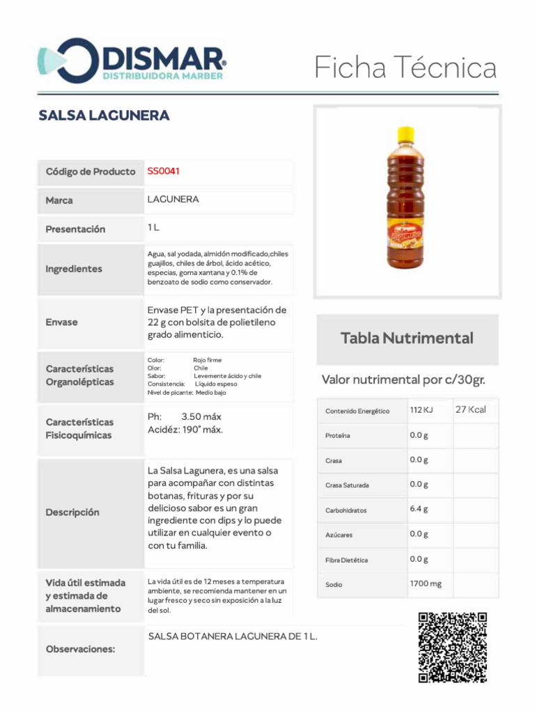 Ficha Tecnica Salsa Botanera 1L LAGUNERO | PDF