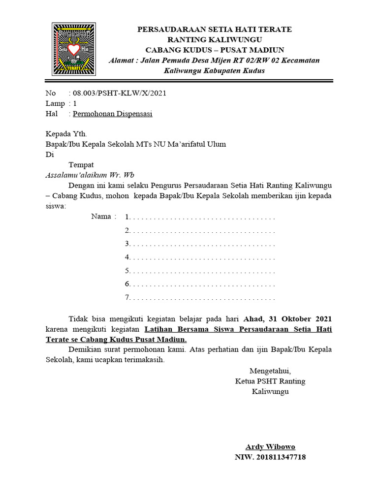 Contoh Surat Dispen Untuk Siswa PSHT | PDF