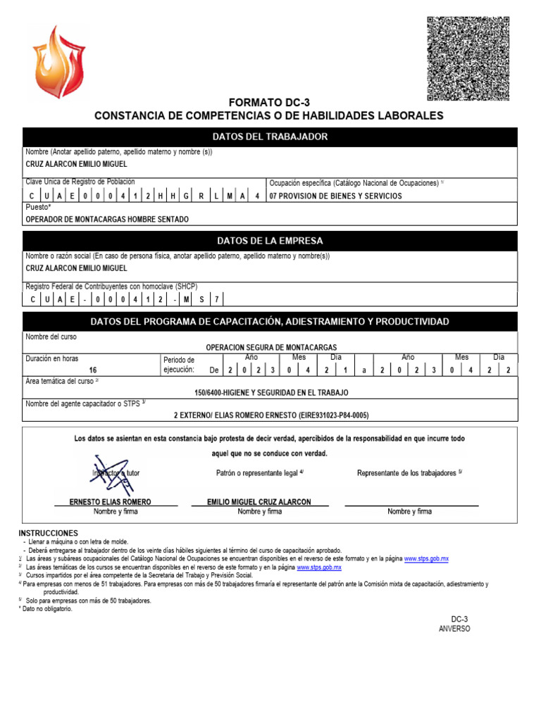 Certificado DC-3: Capacitación Montacargas | PDF