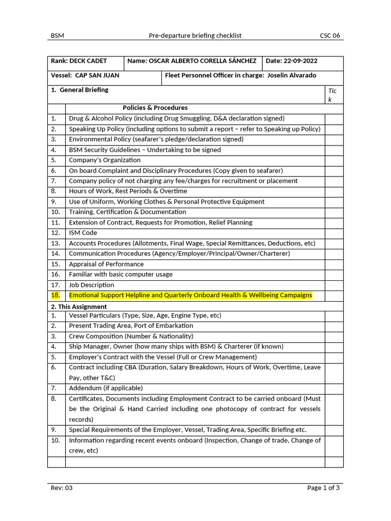 CSC 06 Pre-Departure Briefing Checklist | PDF | Sailor