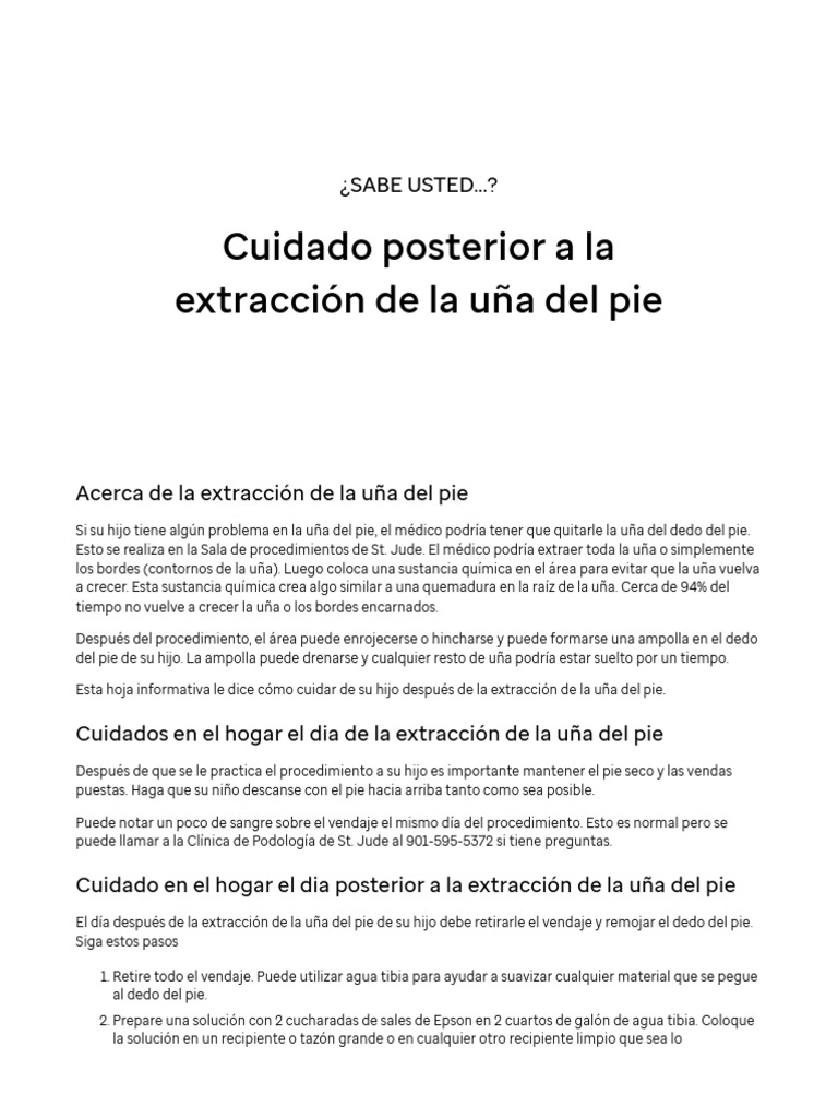 Cuidados tras extracción de uña del pie | PDF | Clavo (anatomía) | Medicina