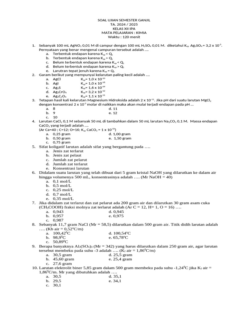 Soal Ujian Kimia Kelas XII IPA 2024 | PDF