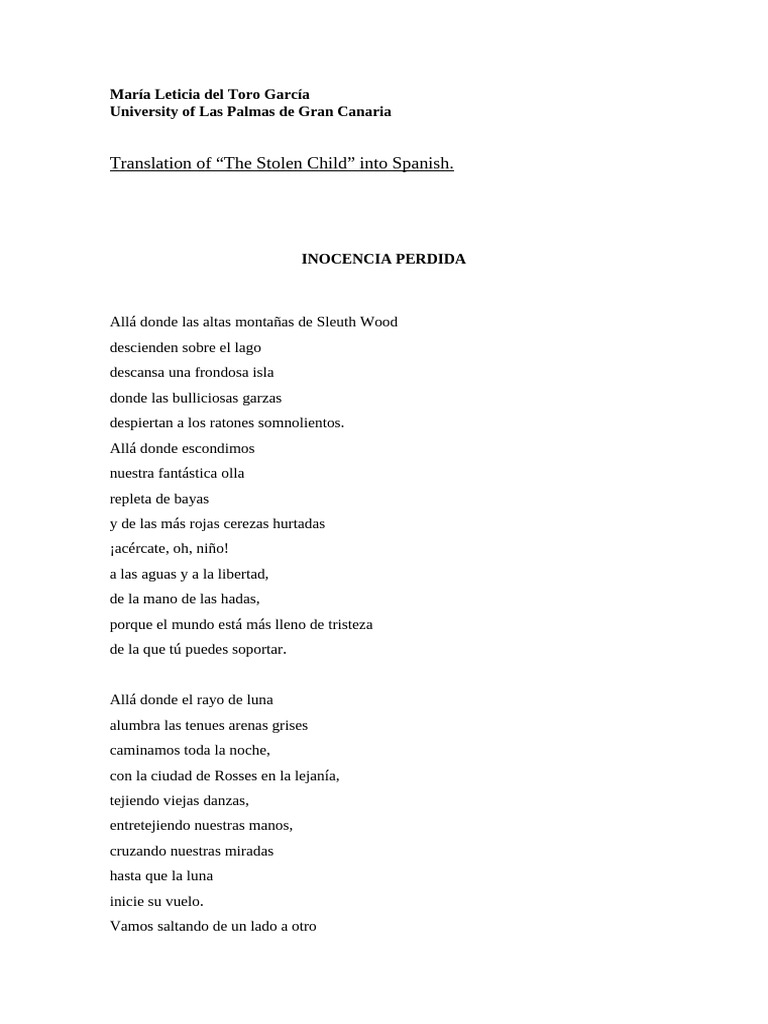 Translation of Yeats' "The Stolen Child" | PDF | Poetry