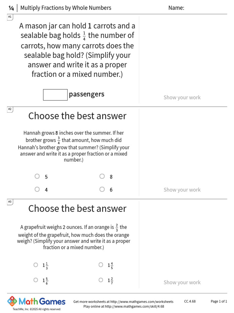 4 68 Multiply Fractions by Whole Numbers | PDF | Mathematical Notation ...