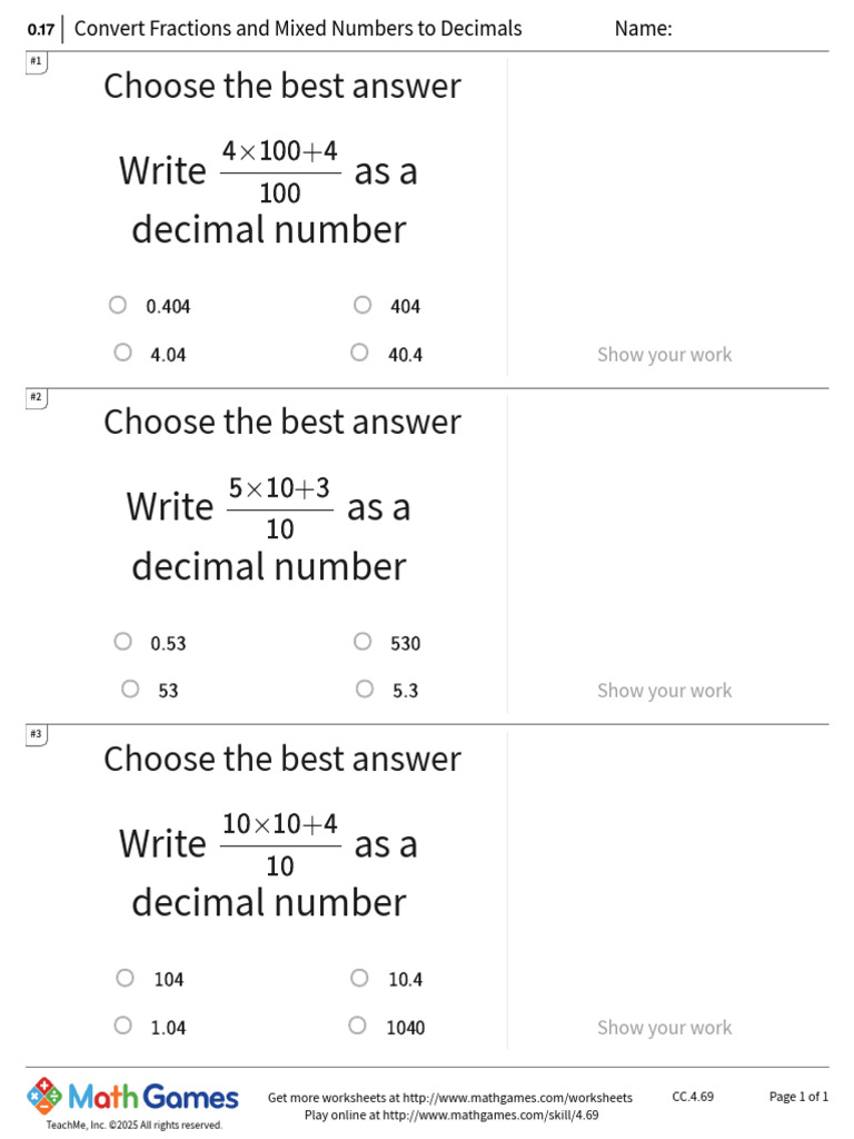 4 69 Convert Fractions and Mixed Numbers To Decimals | PDF