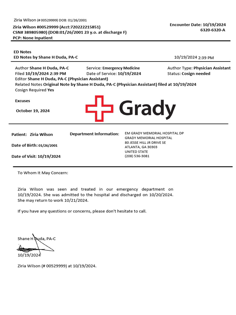 Grady Hospital Doctor's Excuse for Ziria Wilson | PDF