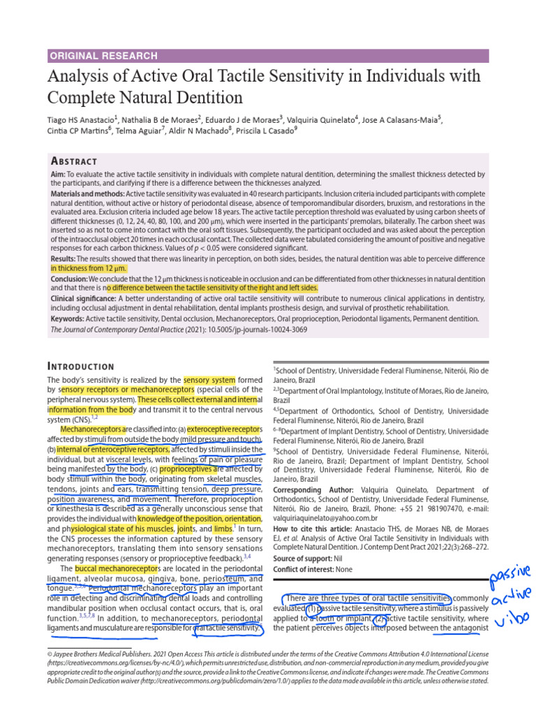 Analysis of Active Oral Tactile Sensitivity in Individuals With | PDF ...
