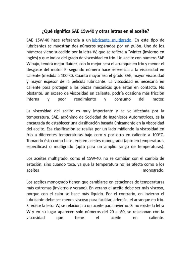 Significado de SAE 15W-40 en aceites | PDF | Lubricante | Viscosidad