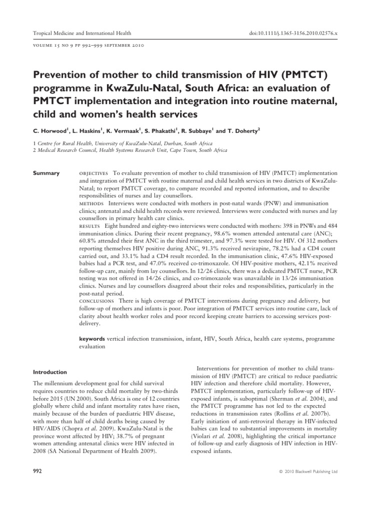 Tropical Med Int Health - 2010 - Horwood - Prevention of Mother To ...