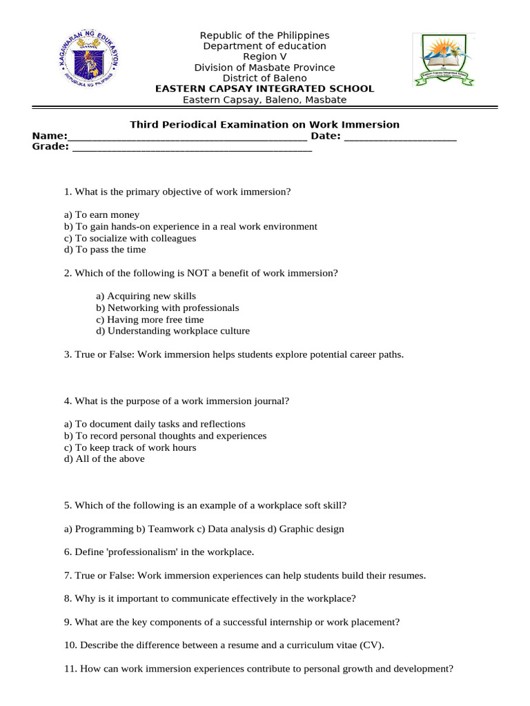 Work Immersion 4th Quarter Exam | PDF | Human Communication | Cognition