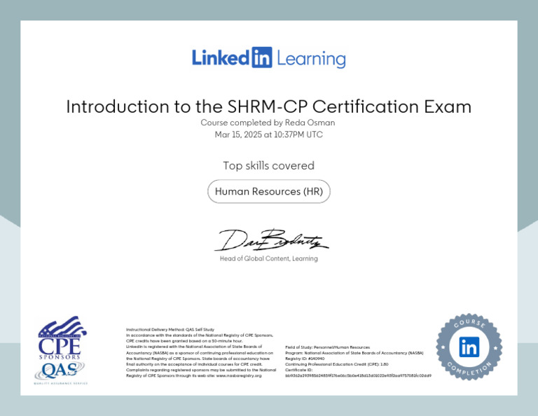 CertificateOfCompletion - Introduction To The SHRMCP Certification Exam-CPE | PDF