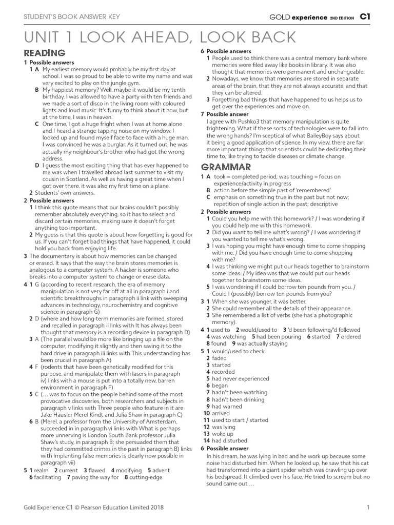 Toaz - Info Gold Experience c1 SB Answer Key PR | PDF | Adjective | Memory