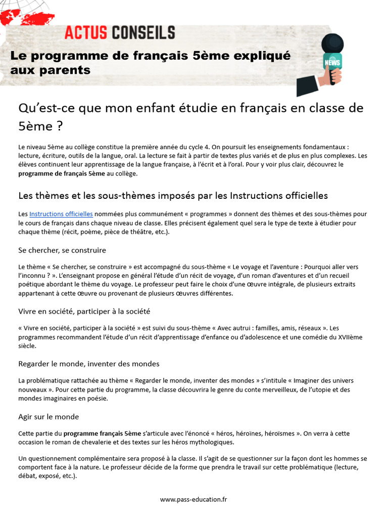 Programme de français 5ème collège 2023 | PDF | Langue française | Comédie