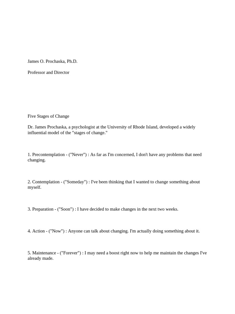 James Prochaska Five Stages of Change - Overview | PDF | Psychology ...