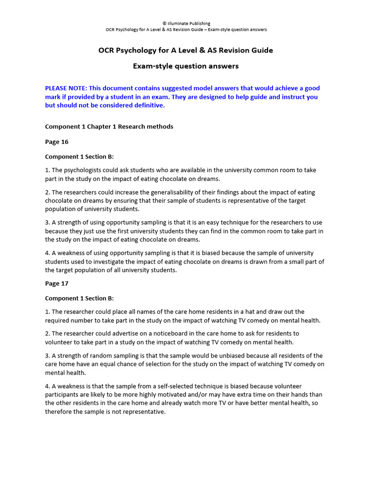 Illuminate OCR Psychology AL and As Exam Style Question Answers FINAL ...