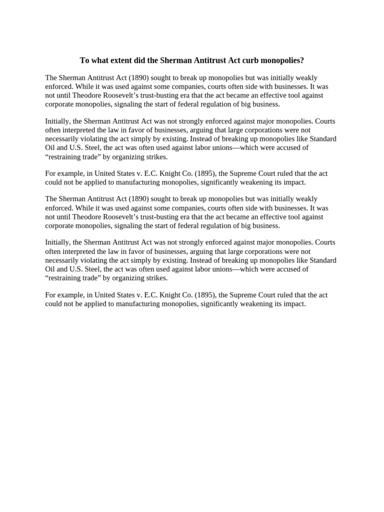 To What Extent Did The Sherman Antitrust Act Curb Monopolies - Test | PDF