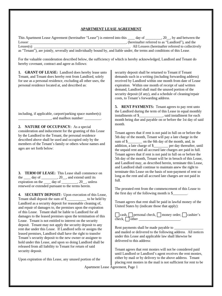 Apartment Lease Agreement Template | PDF | Leasehold Estate | Lease