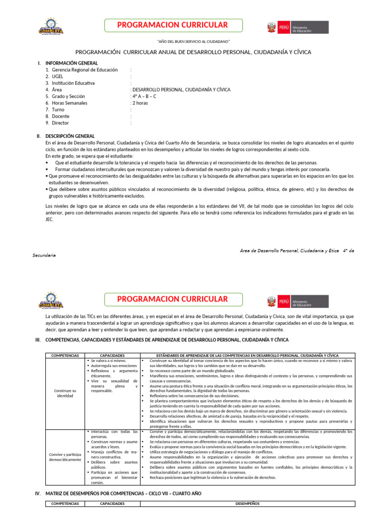 Programación Curricular 4° Secundaria Cívica | PDF | Enseñando | Ideologías políticas