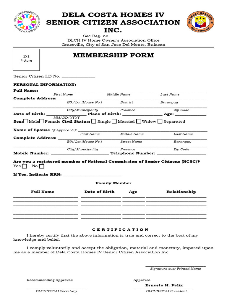 DLCHIV Senior Citizen Association Inc Membership Form v2 | PDF ...